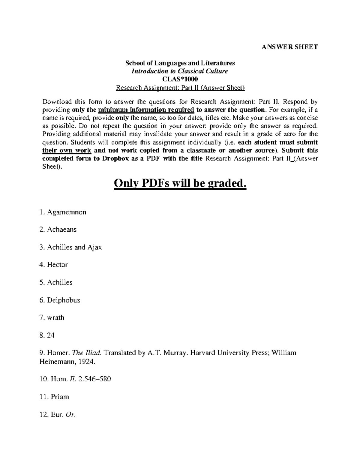 Research Assignment Part II Answer Sheet - ANSWER SHEET School of ...