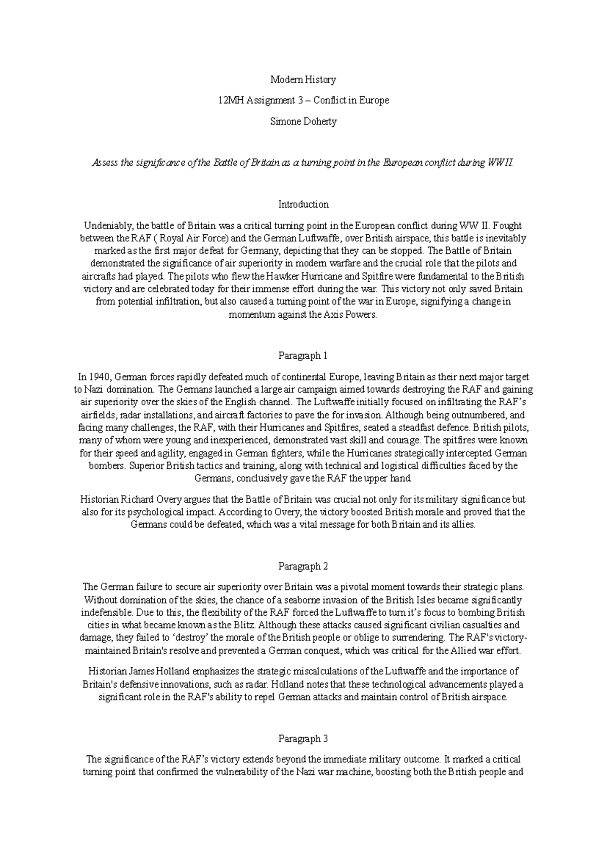 12MH Assignment 3 - Simone Doherty - Modern History 12MH Assignment 3 – Conflict in Europe ...