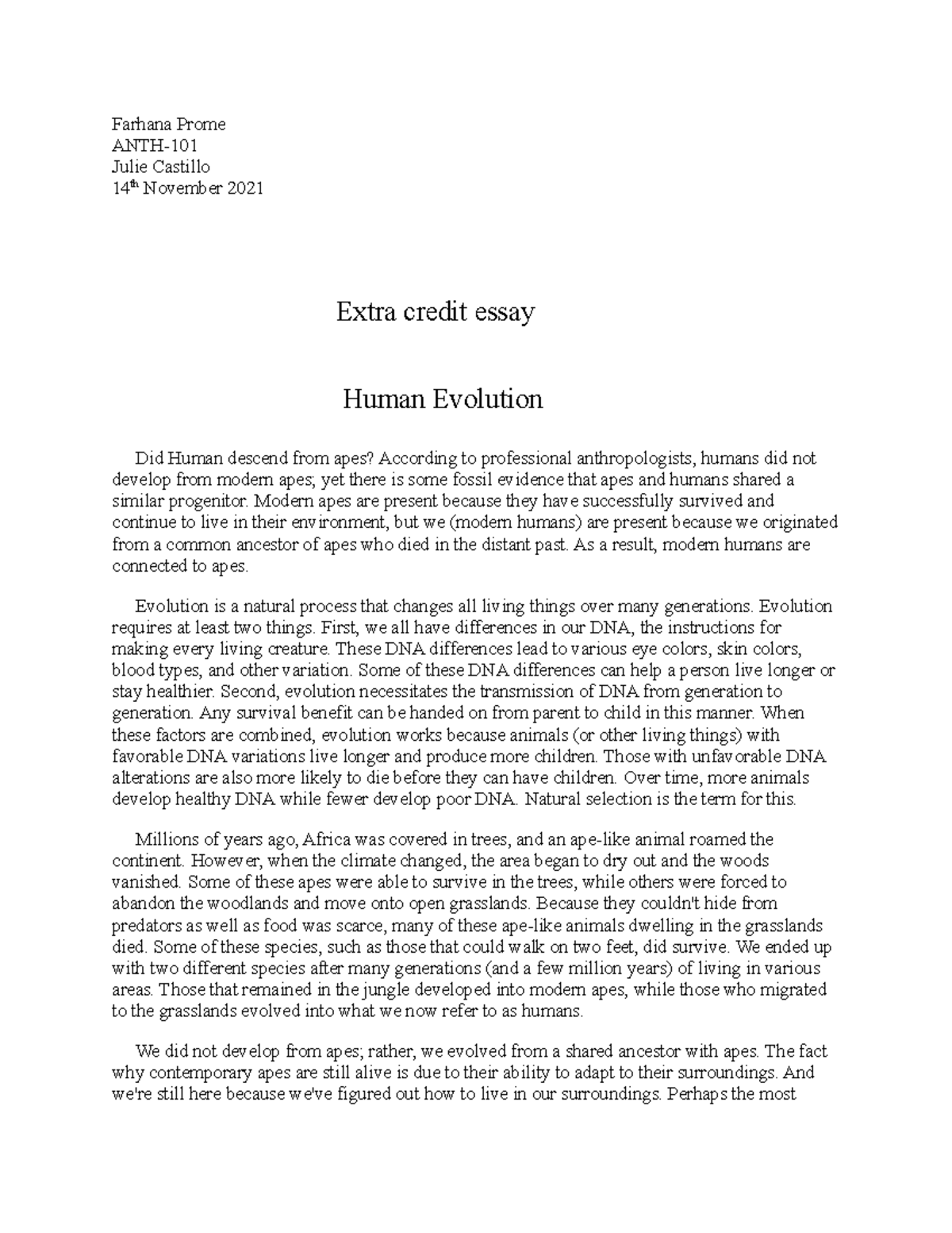 Extra credit essay 1 - Farhana Prome ANTH- Julie Castillo 14 th ...