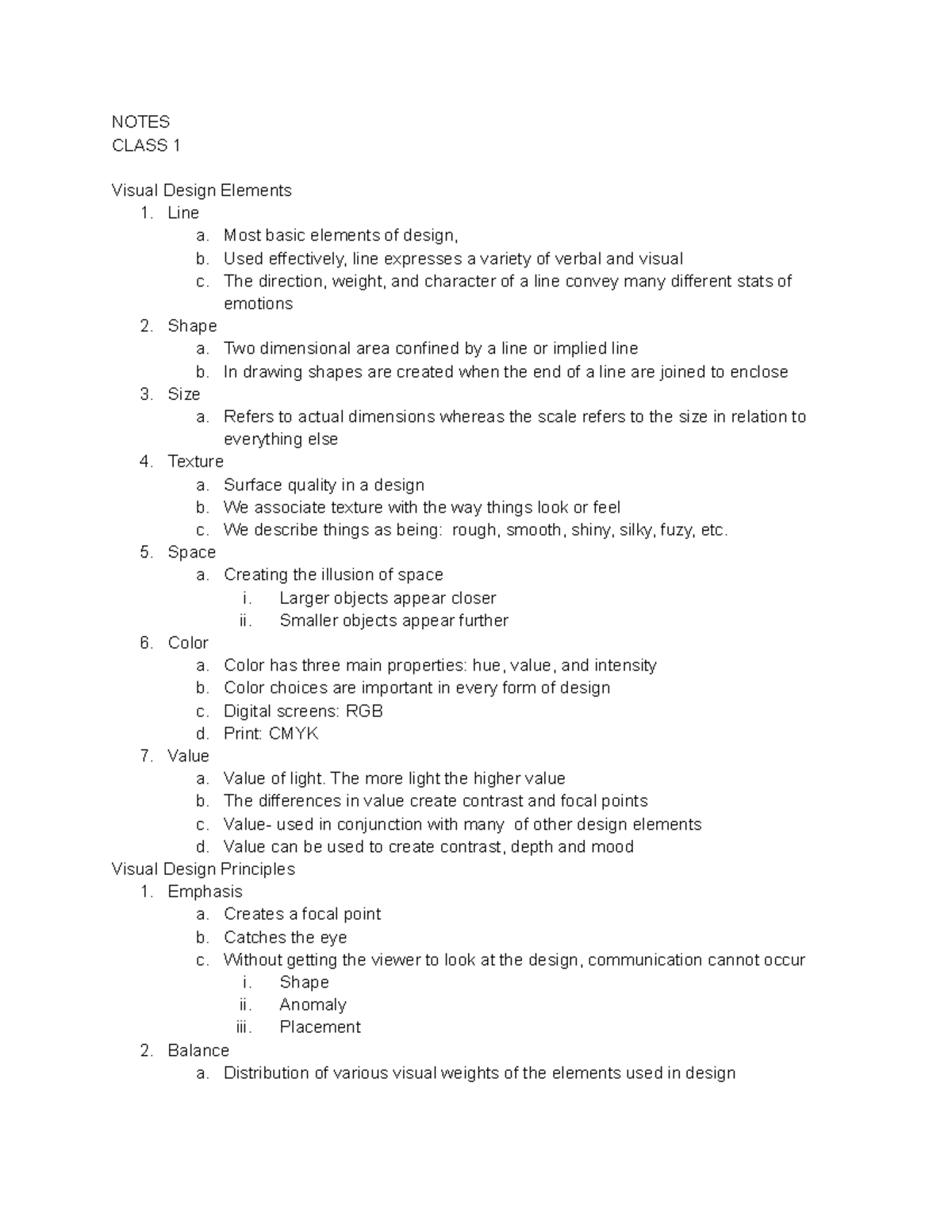 Notes class 1-8 - NOTES CLASS 1 Visual Design Elements 1. Line a. Most ...
