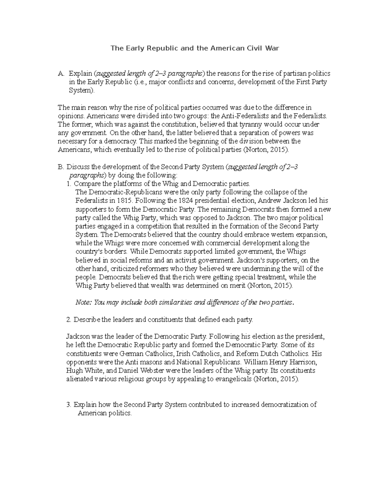 The Early Republic and the American Civil War task 2 - Explain ...