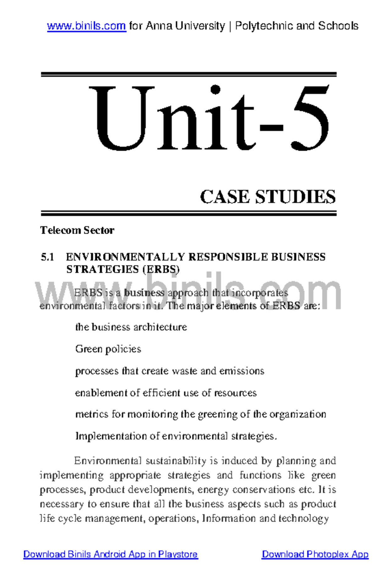 CS8078 unit 5 The Environmentally Responsible Business - Unit- 5 CASE STUDIES Telecom Sector 5 ...