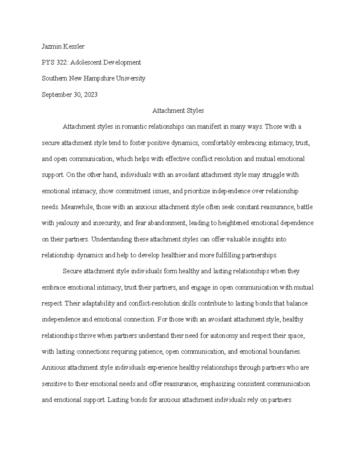 5-2 Short Paper - Attachment styles - Jazmin Kessler PYS 322 ...