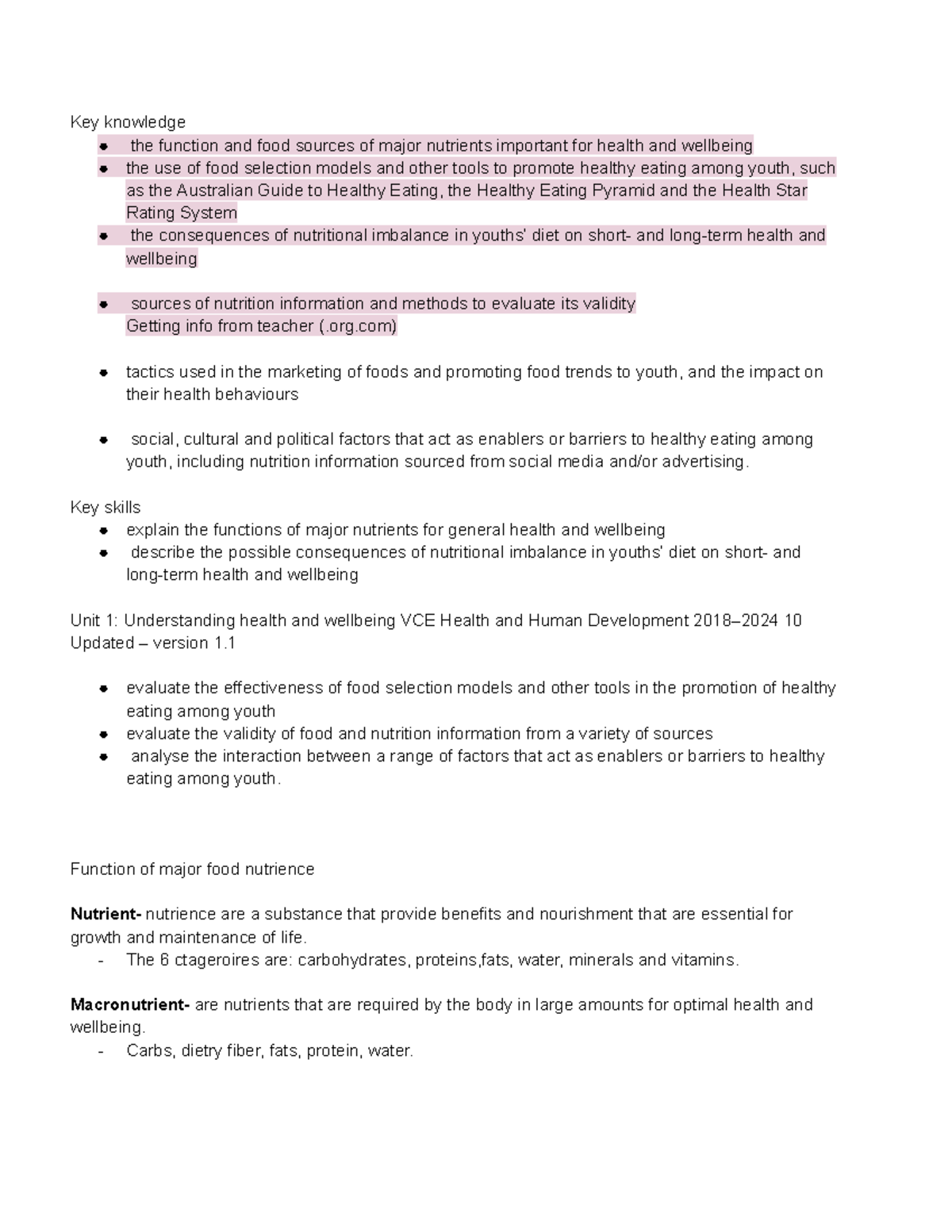 Health and human unit 1 AOS 2 - Key knowledge the function and food ...