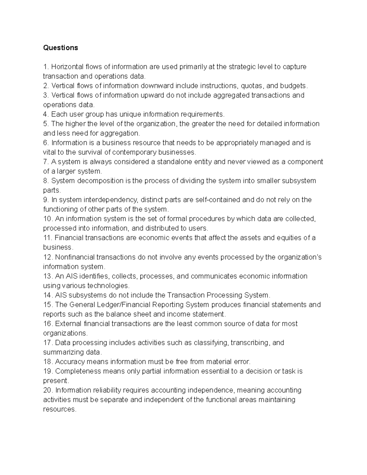 AIS Review Questions - Questions Horizontal flows of information are ...