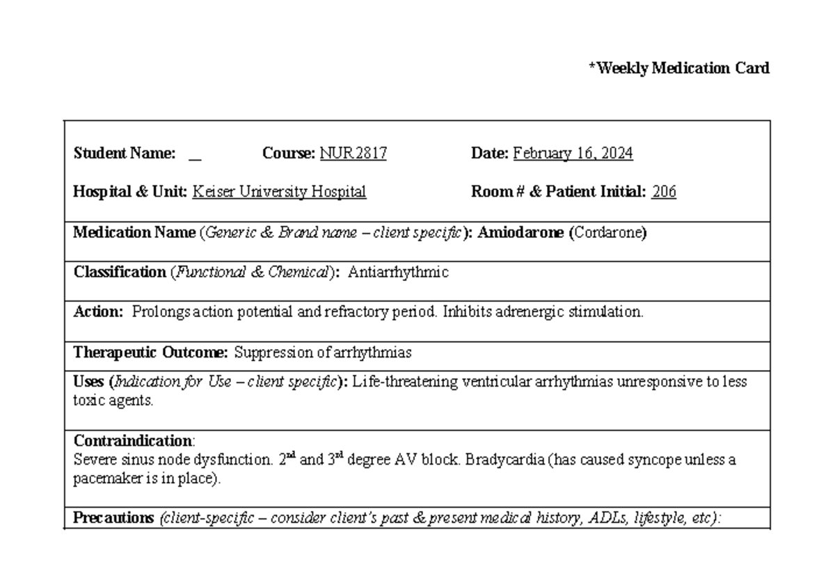 Weekly Medication Card amiodarone - *Weekly Medication Card Student ...