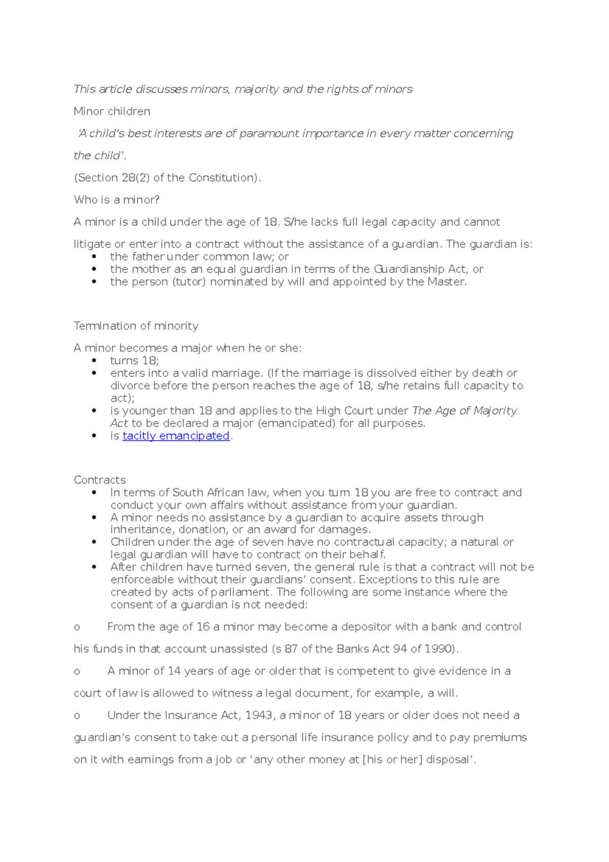 This article discusses minors - (Section 28(2) of the Constitution ...