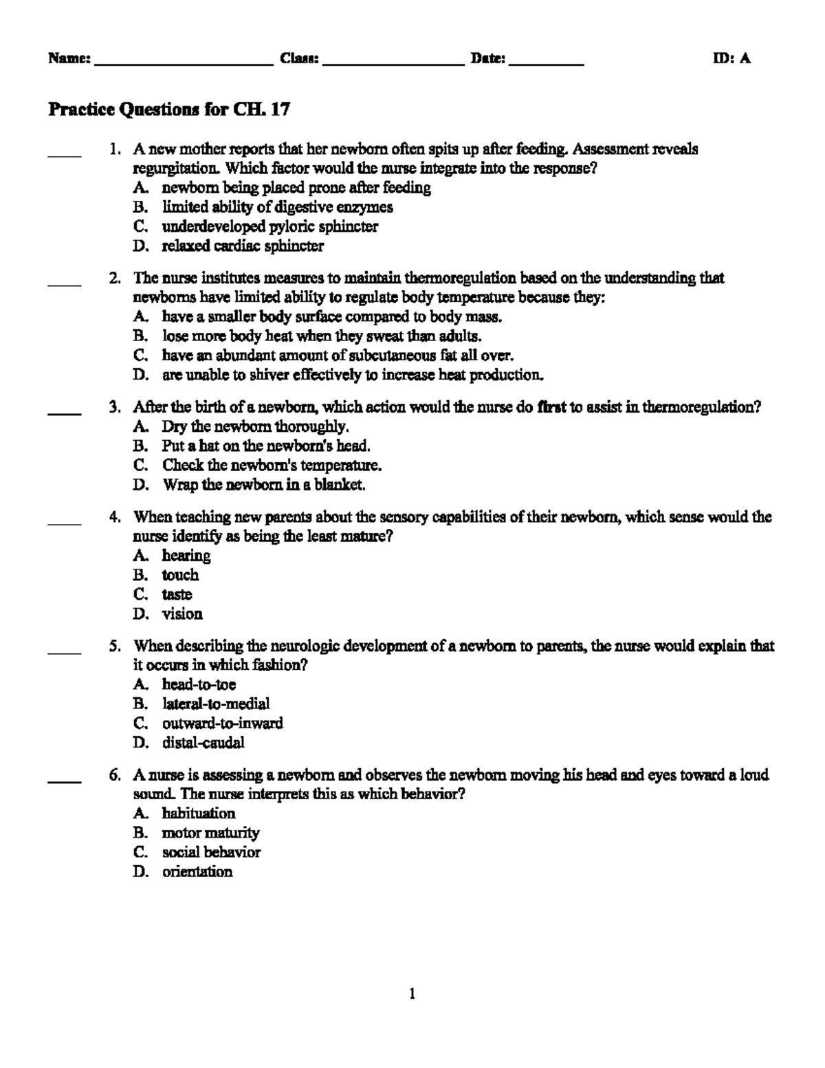 Review for Ch. 17 - Practice Questions - Name: Class: Date: ID: A ...