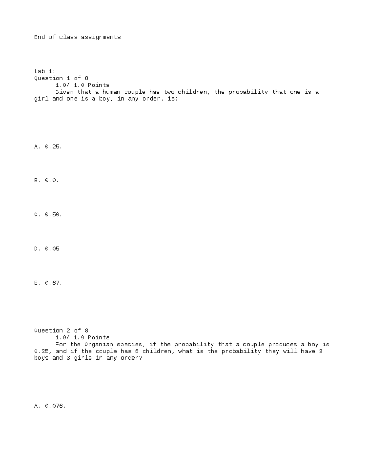 Genetics Lab END OF Class Assignments - End of class assignments Lab 1 ...