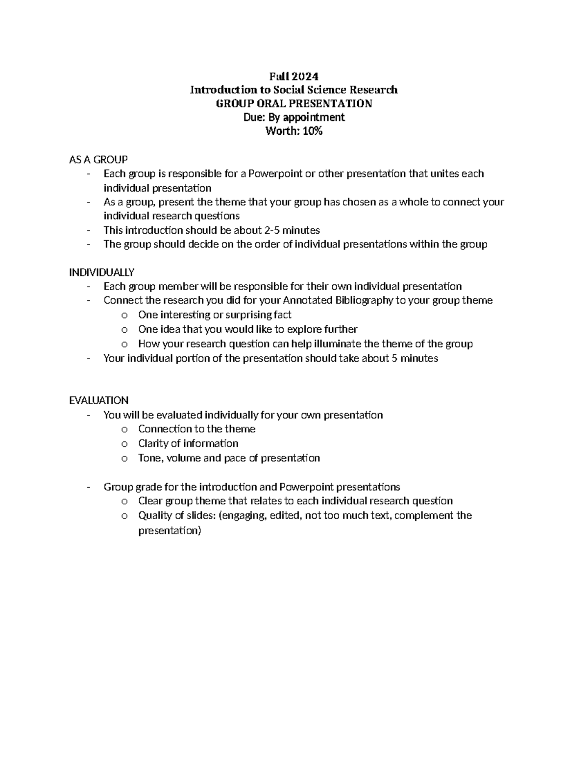 Oral presentation assignment - Fall 2024 Introduction to Social Science ...
