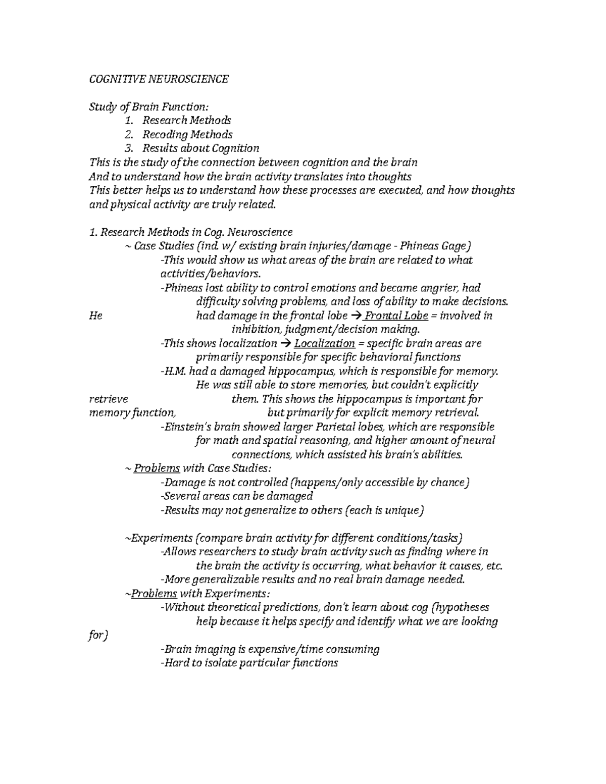 Cognitive Neuroscience Notes - COGNITIVE NEUROSCIENCE Study of Brain ...