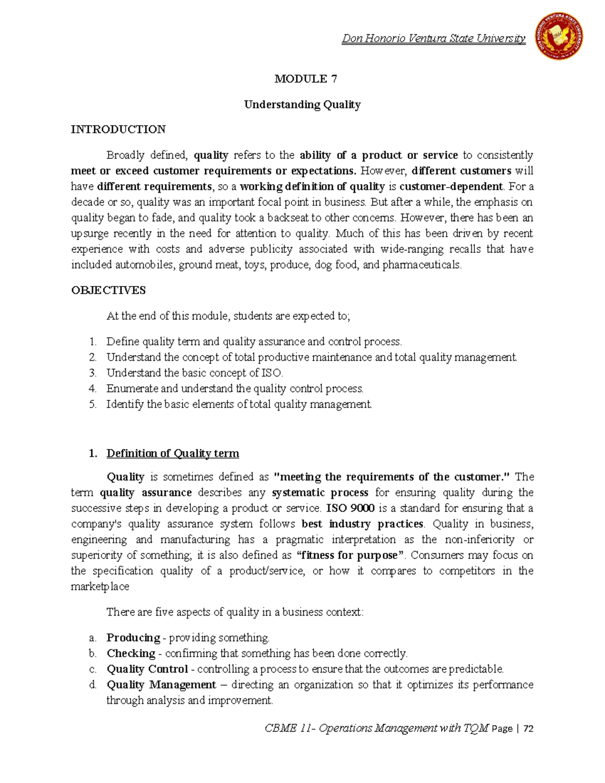 M-7-Chap - tqm - MODULE 7 Understanding Quality INTRODUCTION Broadly ...