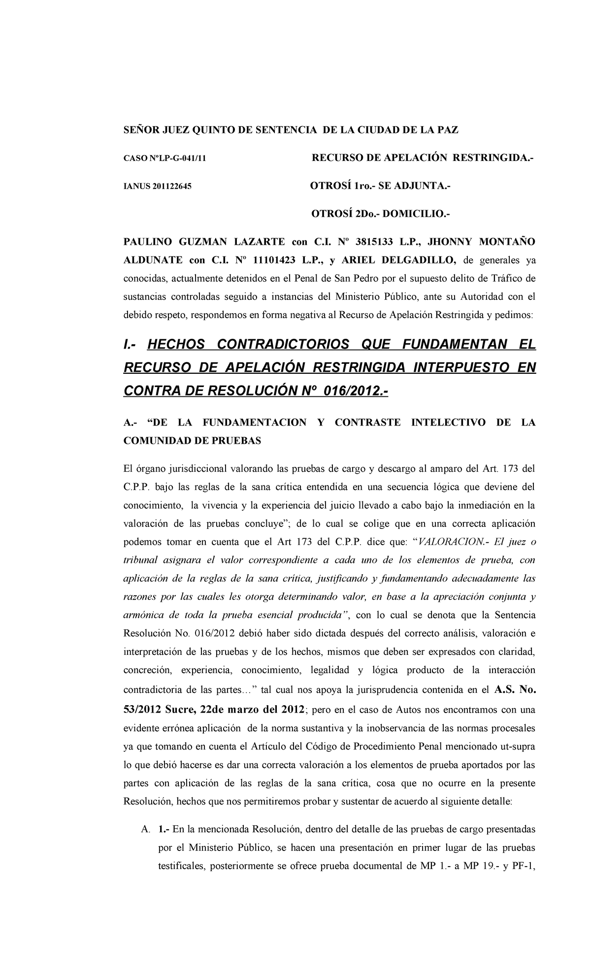 Apelación Restringida ( Paulino Guzman, Ariel Delgadillo y Jhonny ...