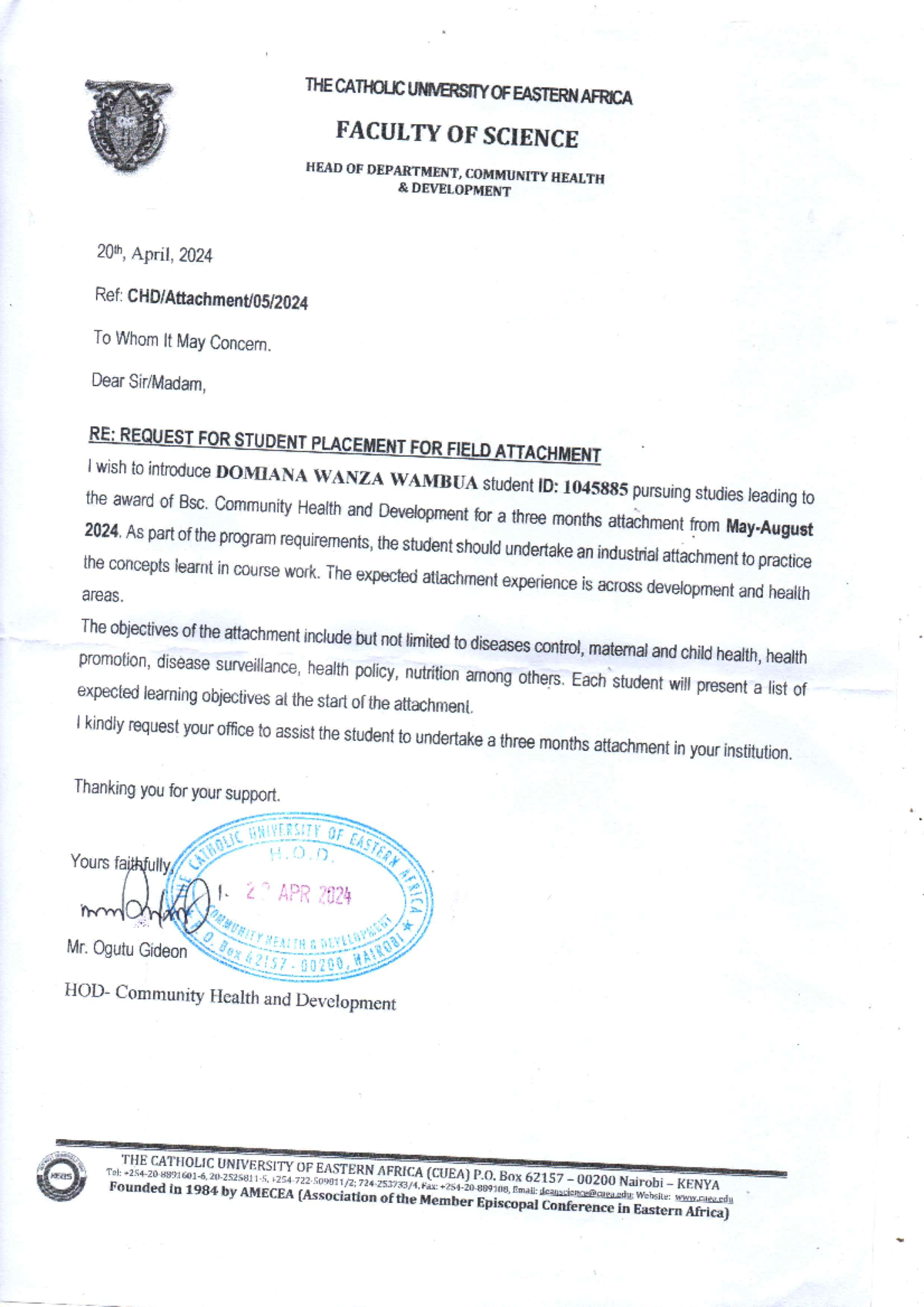 Domiana Attachment Letter - Community Health Nursing I - Studocu