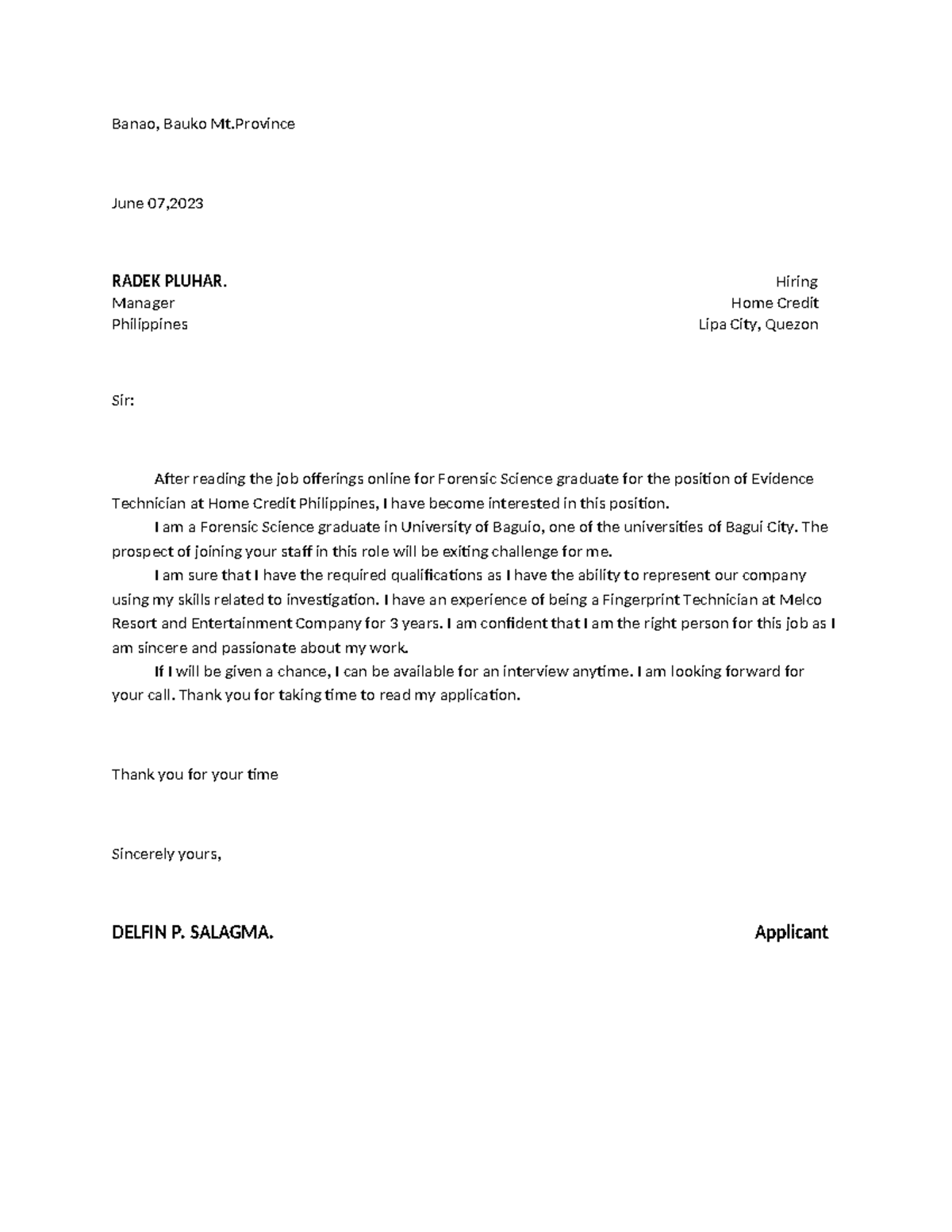 Application - Resume Papers - Banao, Bauko Mt June 07, RADEK PLUHAR ...
