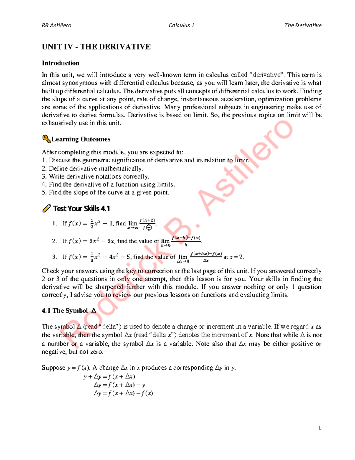 Unit4 The Derivative e93d045d5d02a794f4e4cba1e87796 be - UNIT IV - THE ...