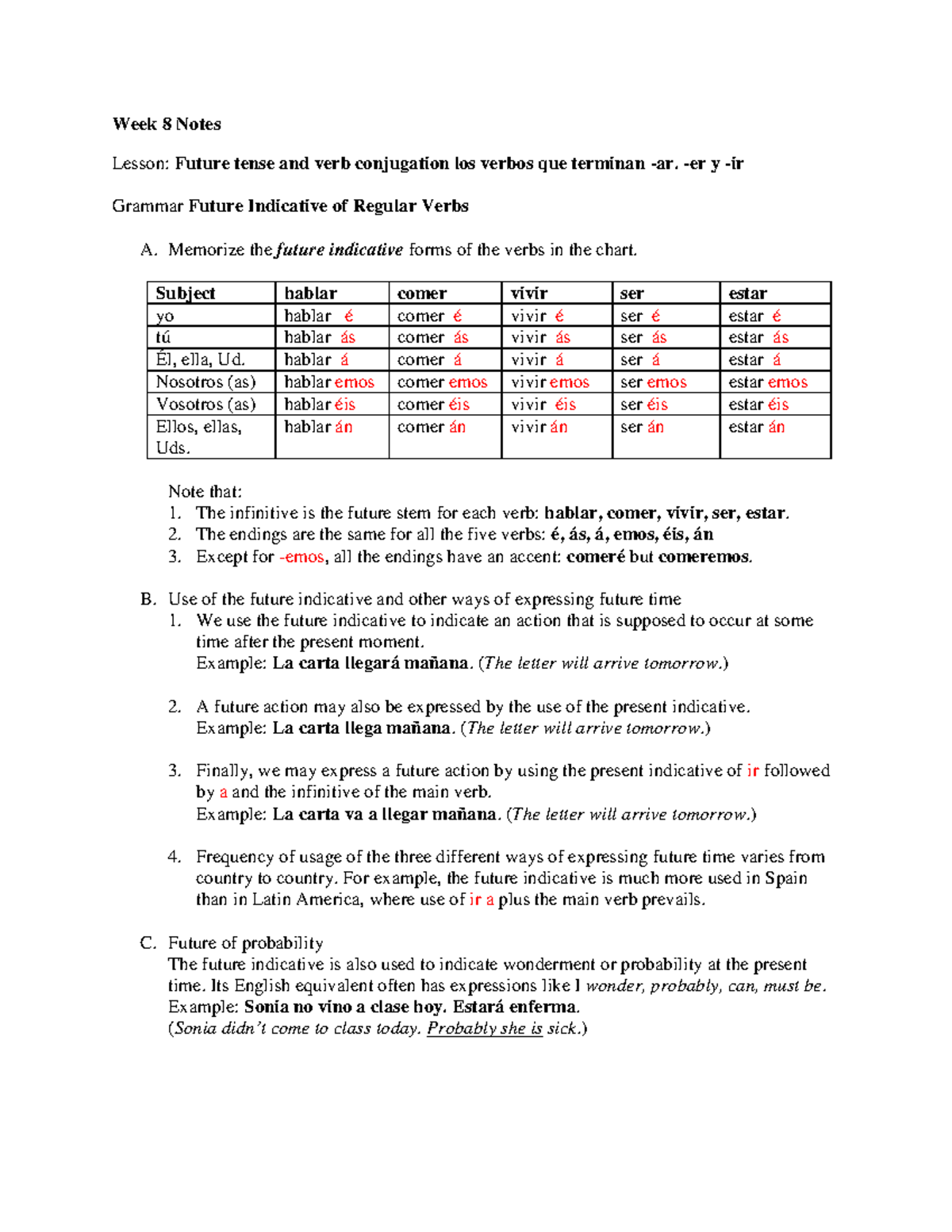 Week 8 Notes about Future Tense or Future Indicative of Regular Verbs ...