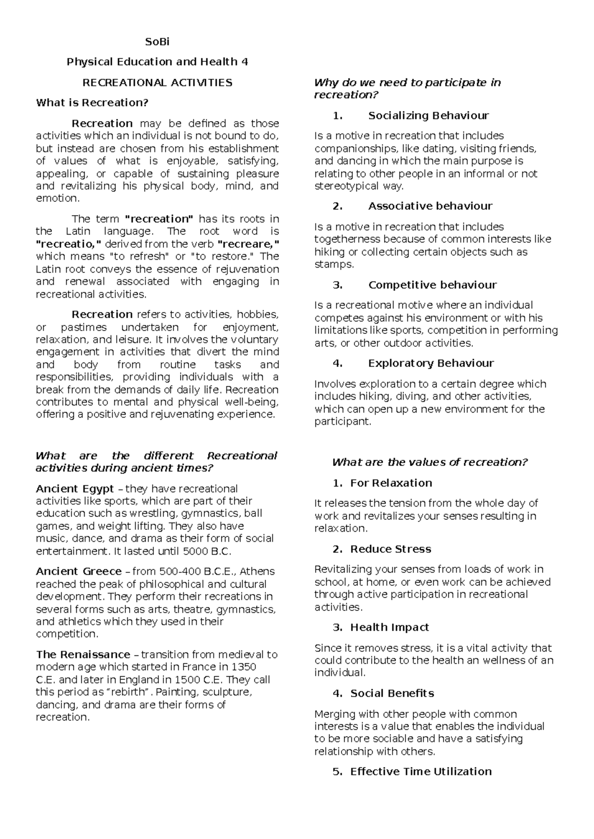 SoBi PEH4 reviewer - SoBi Physical Education and Health 4 RECREATIONAL ...