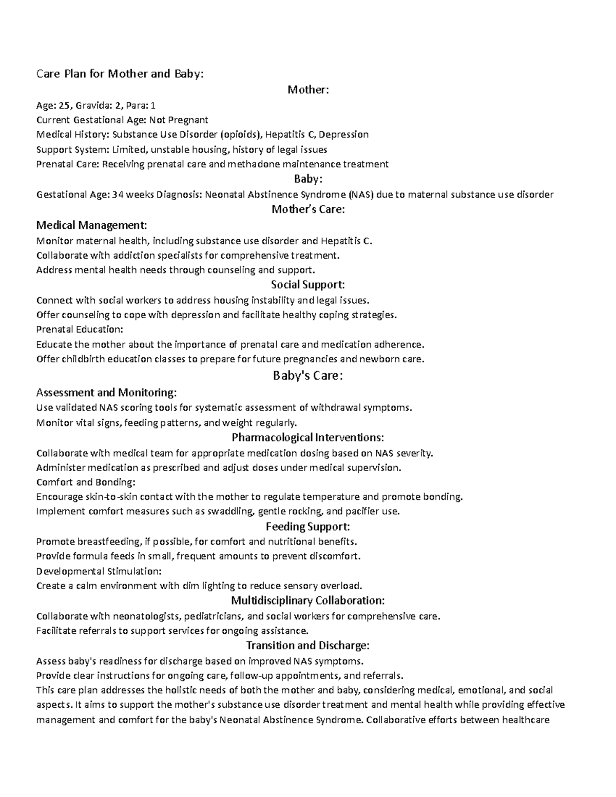 Care Plan - Care plan assignment - Care Plan for Mother and Baby ...