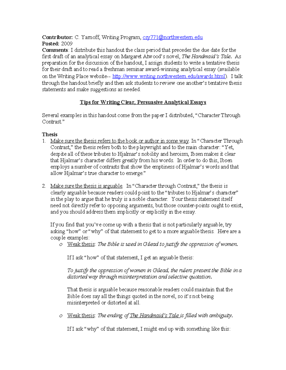 Literature analytical essay - Contributor: C. Yarnoff, Writing Program ...