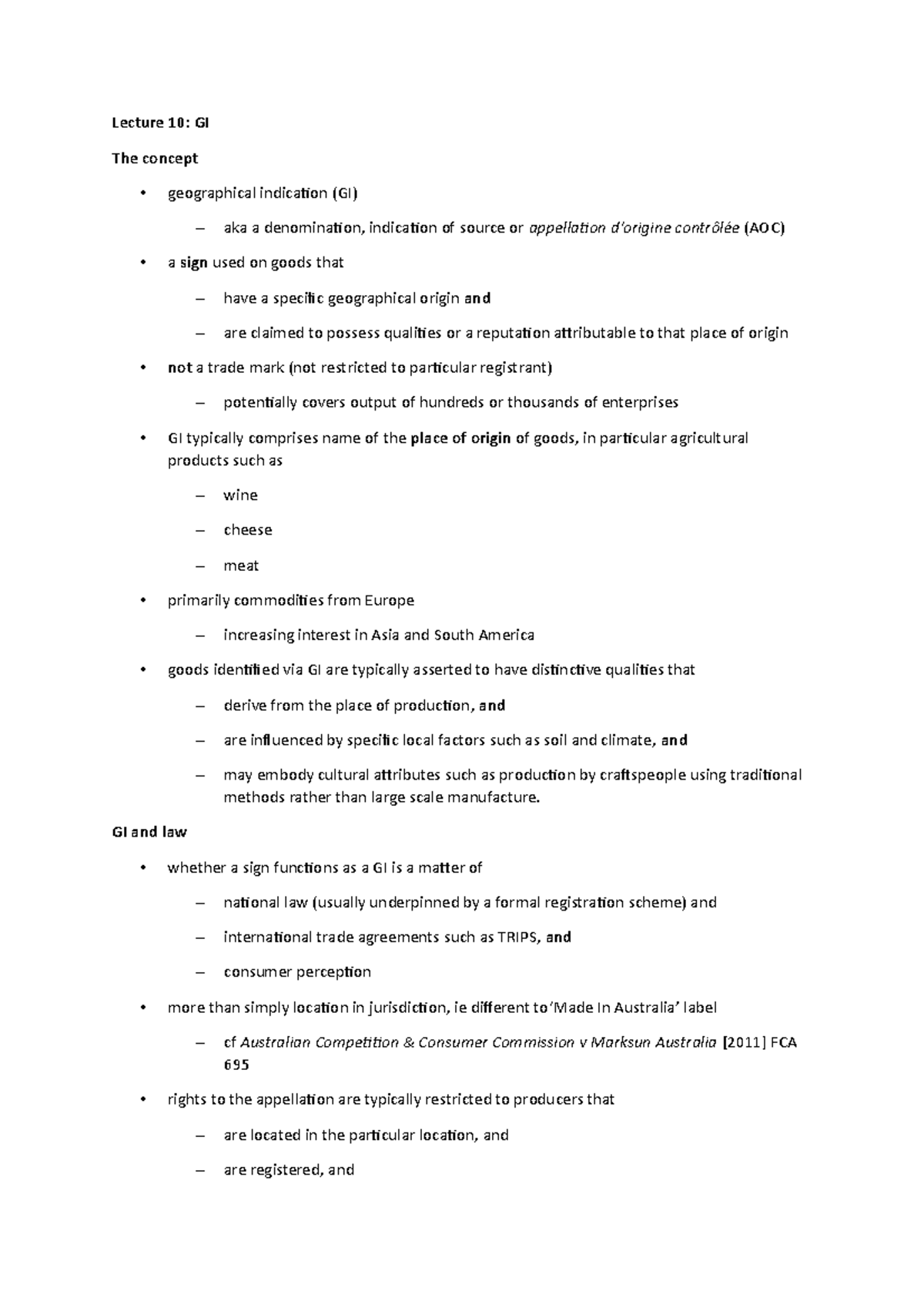 Lecture 10 notes - Lecture 10: GI The concept - geographical indication ...