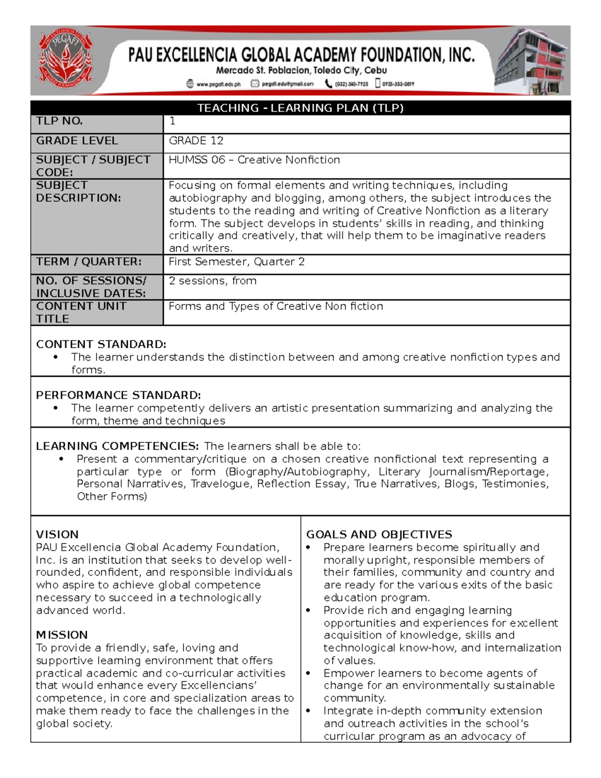 Q2, TLP 1 - Use this only for reference. - TEACHING - LEARNING PLAN ...