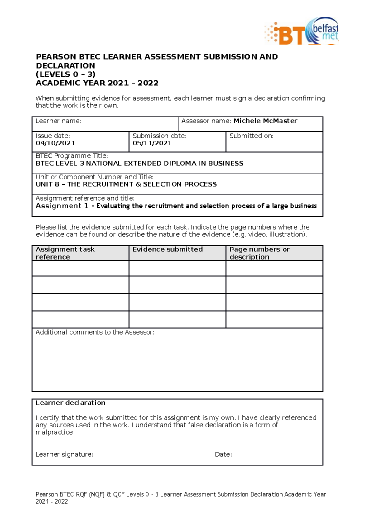 R&S Learner Declaration Assignment 1 2021-22 - DEN233 - QUB - Studocu