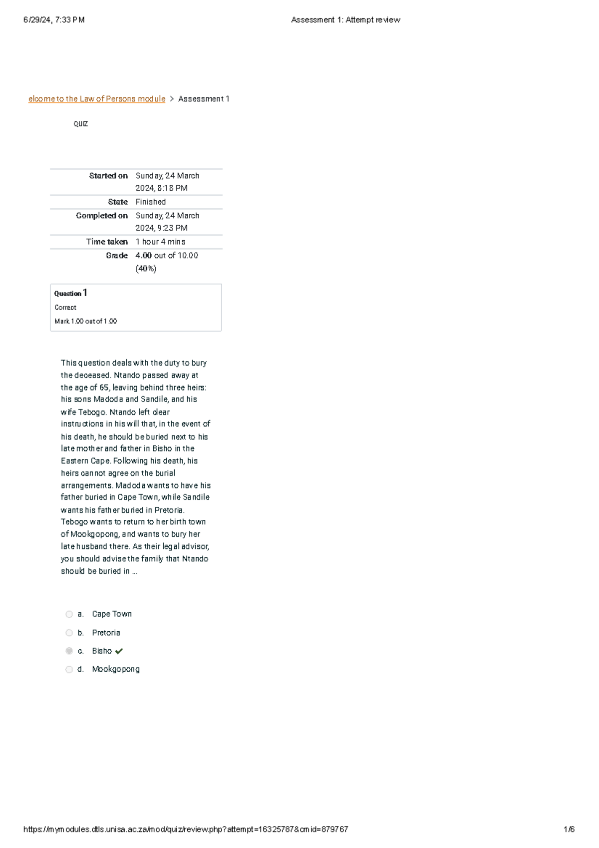 PVL 1501 Assessment 1 Attempt 1 - elcome to the Law of Persons module Assessment 1 Started on ...