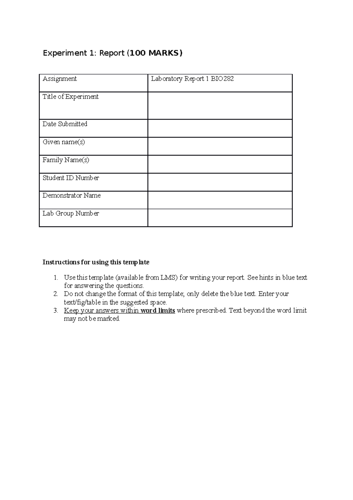 BIO282 Exp1 Report Template - Experiment 1: Report ( 100 MARKS ...