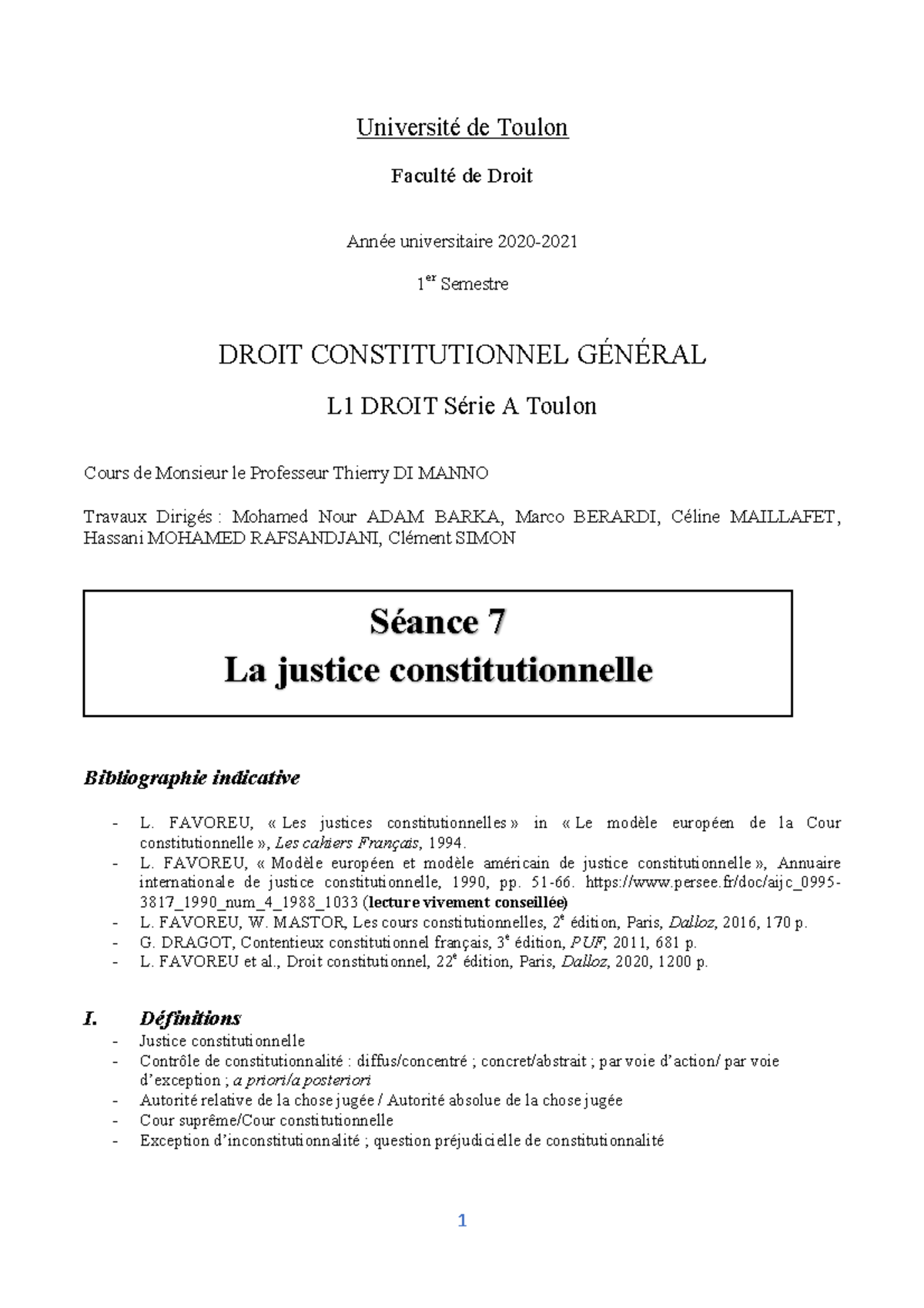Séance 7 - La justice constitutionnelle - Université de Toulon Faculté ...