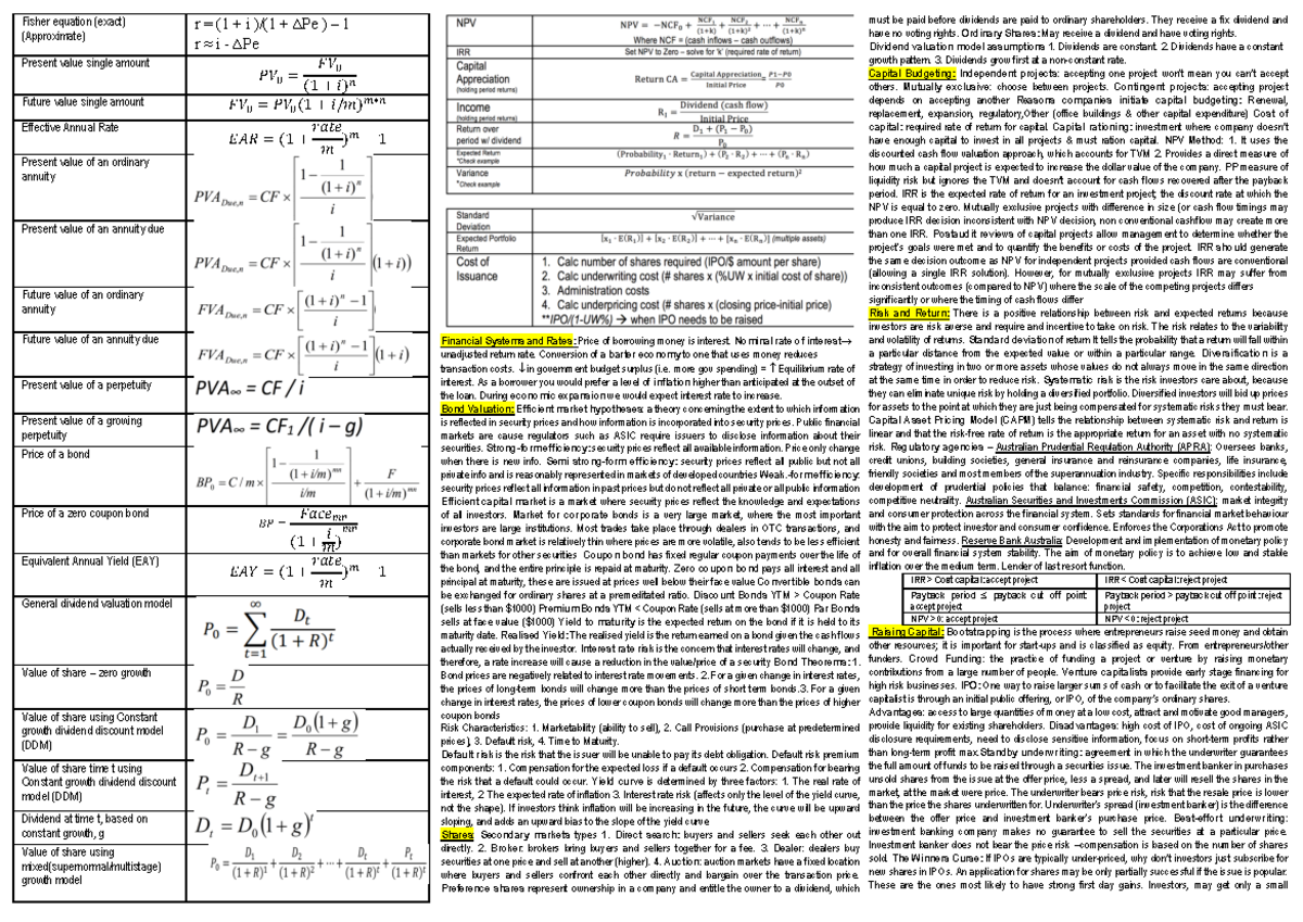 Fiance Exams Hints - Finance exam formula sheet - Fisher equation ...
