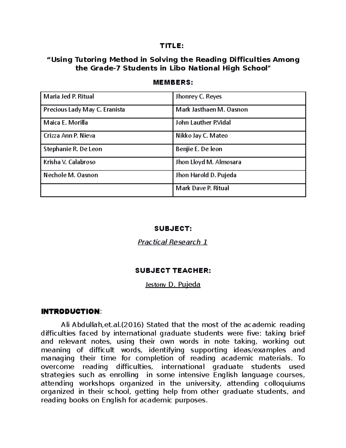 Reading Difficulties - Practical Research 1 - TITLE: “Using Tutoring ...