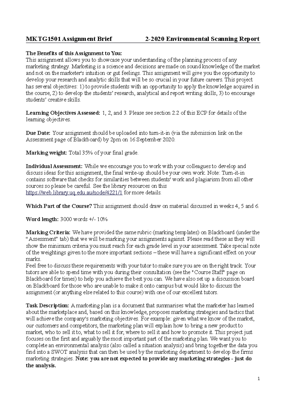MKTG1501 Assignment Brief Environmental Scanning Report - MKTG1501 ...
