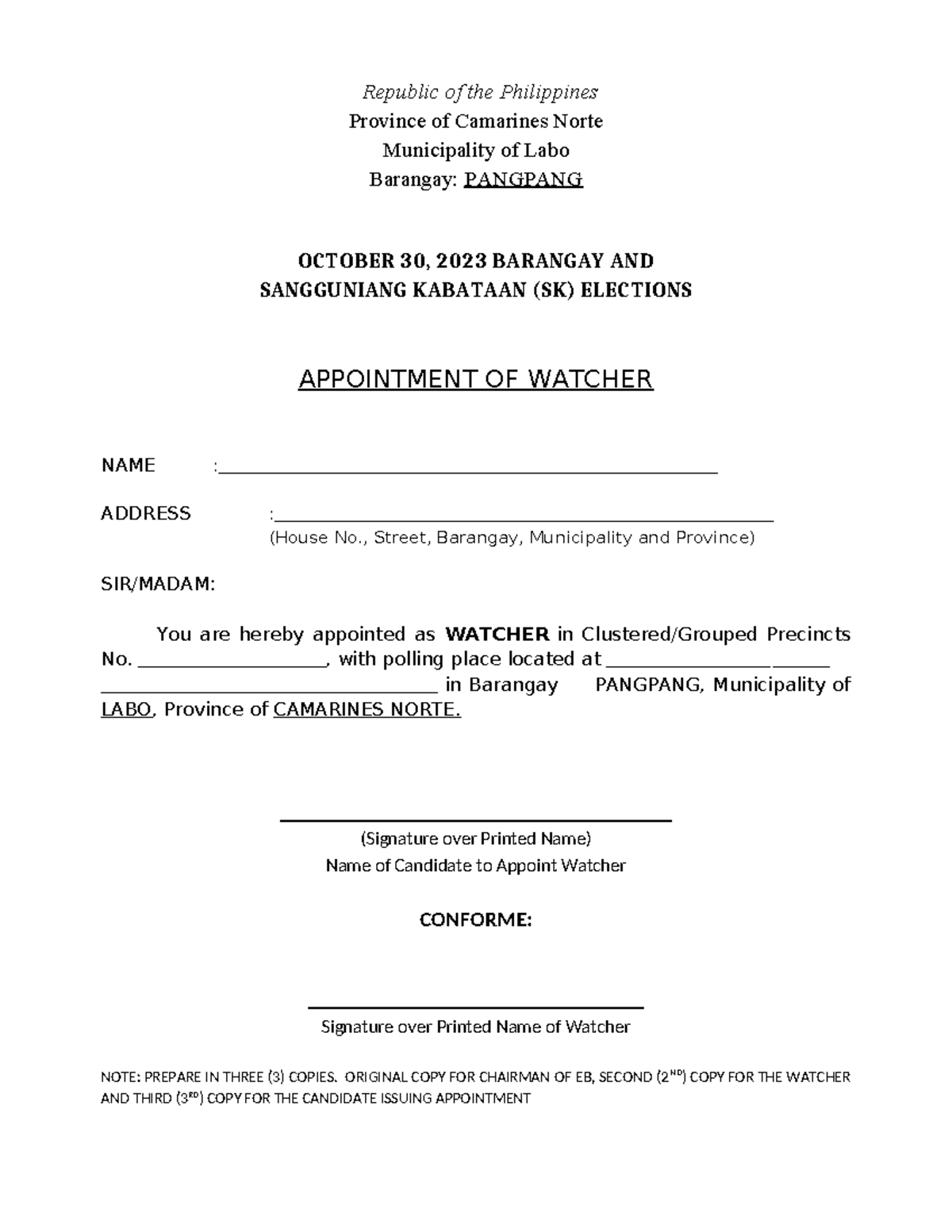Appointment-of-watcher - Republic of the Philippines Province of ...