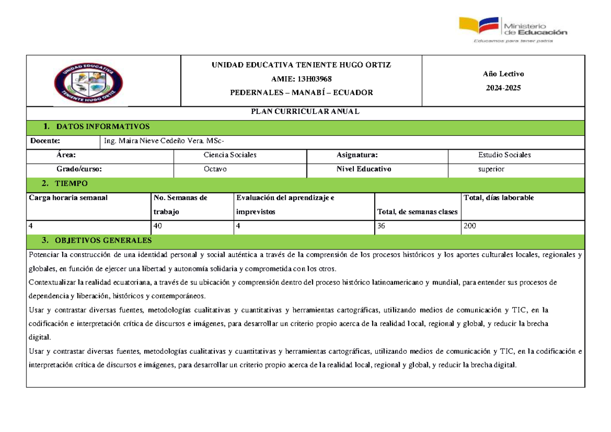 Planificacion Anual Octavo - UNIDAD EDUCATIVA TENIENTE HUGO ORTIZ AMIE ...