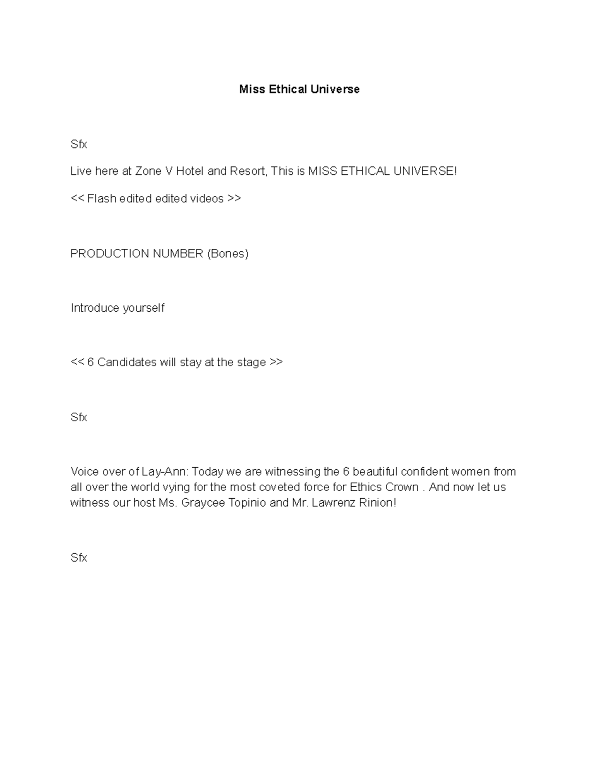 SAMPLE SCRIPT FOR PAGEANT - Miss Ethical Universe Sfx Live here at Zone ...