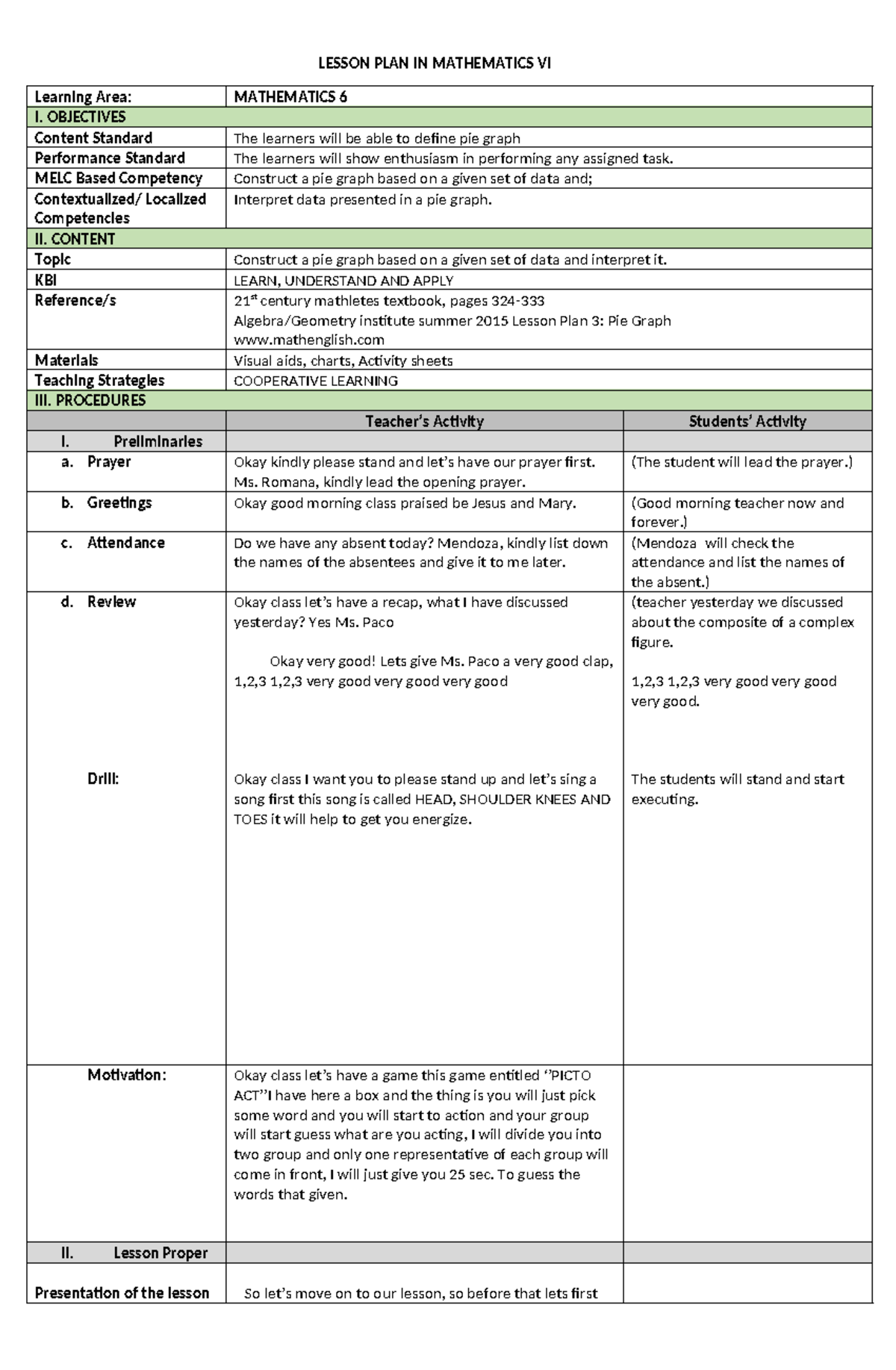 MATH LP - LESSON PLAN IN MATHEMATICS VI Learning Area: MATHEMATICS 6 I ...