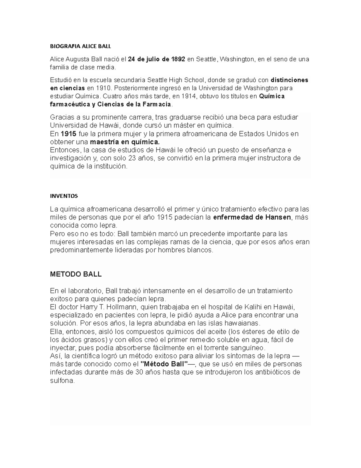 Alice ball - exposicion - BIOGRAFIA ALICE BALL Alice Augusta Ball nació ...