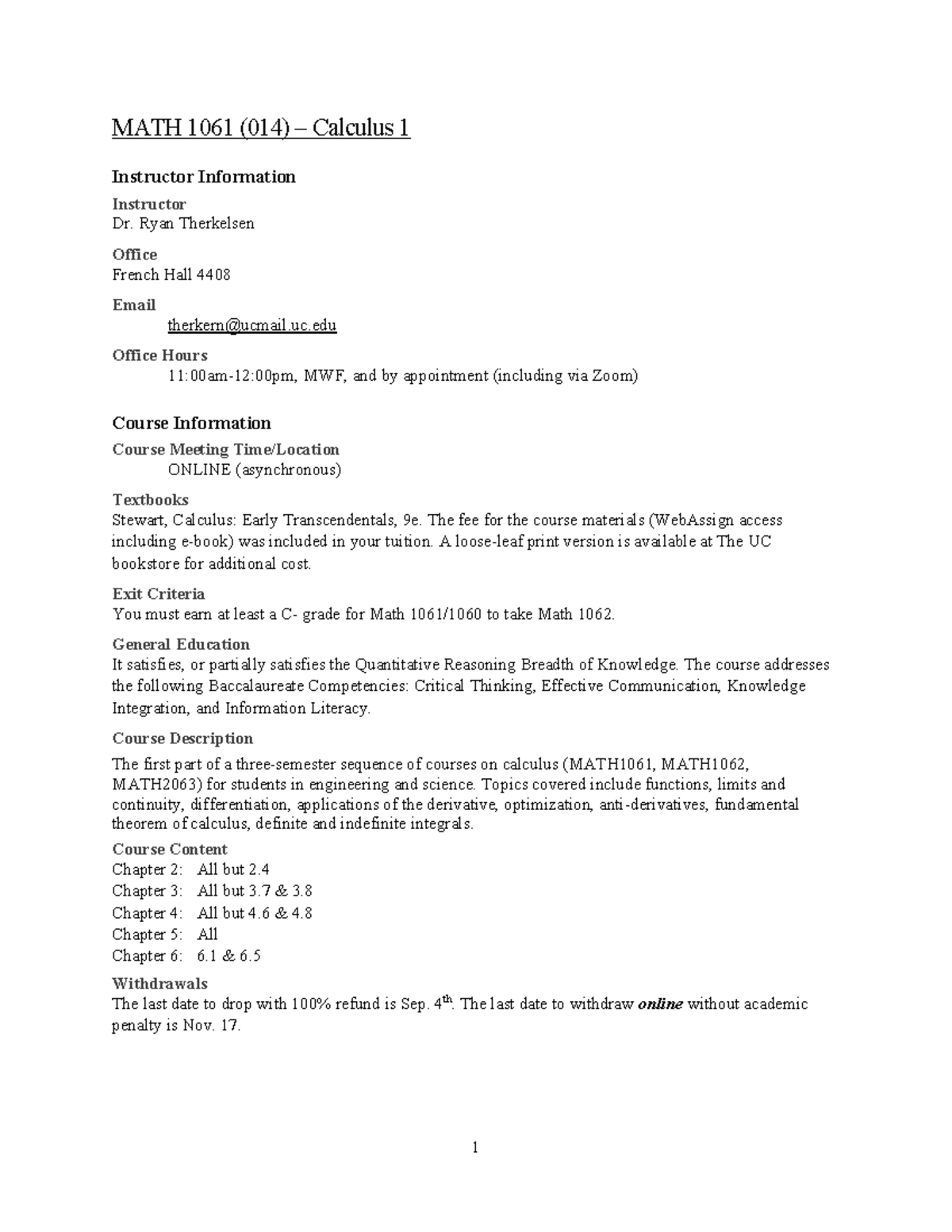 MATH 1061 014 Syllabus 2023FS (Online) - MATH 1061 (014) – Calculus 1 ...