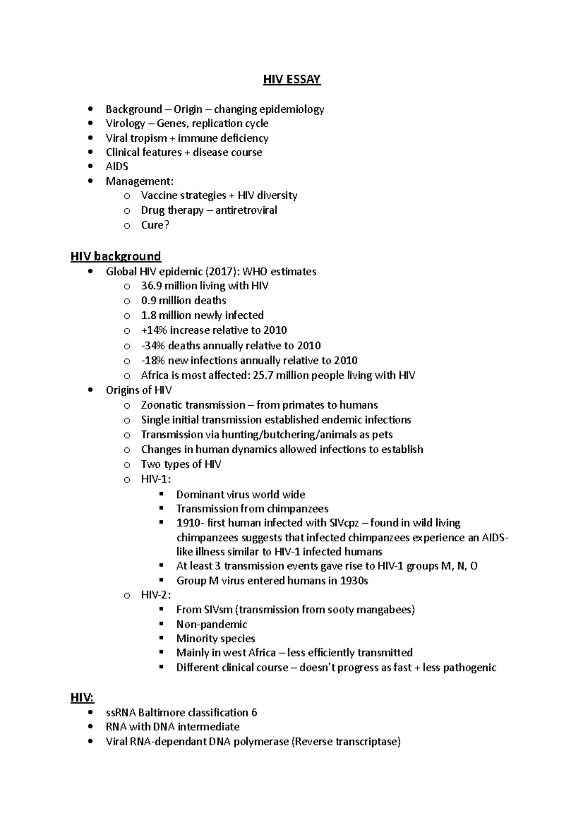 HIV:AIDS summary - Lecture notes - HIV ESSAY Background – Origin ...