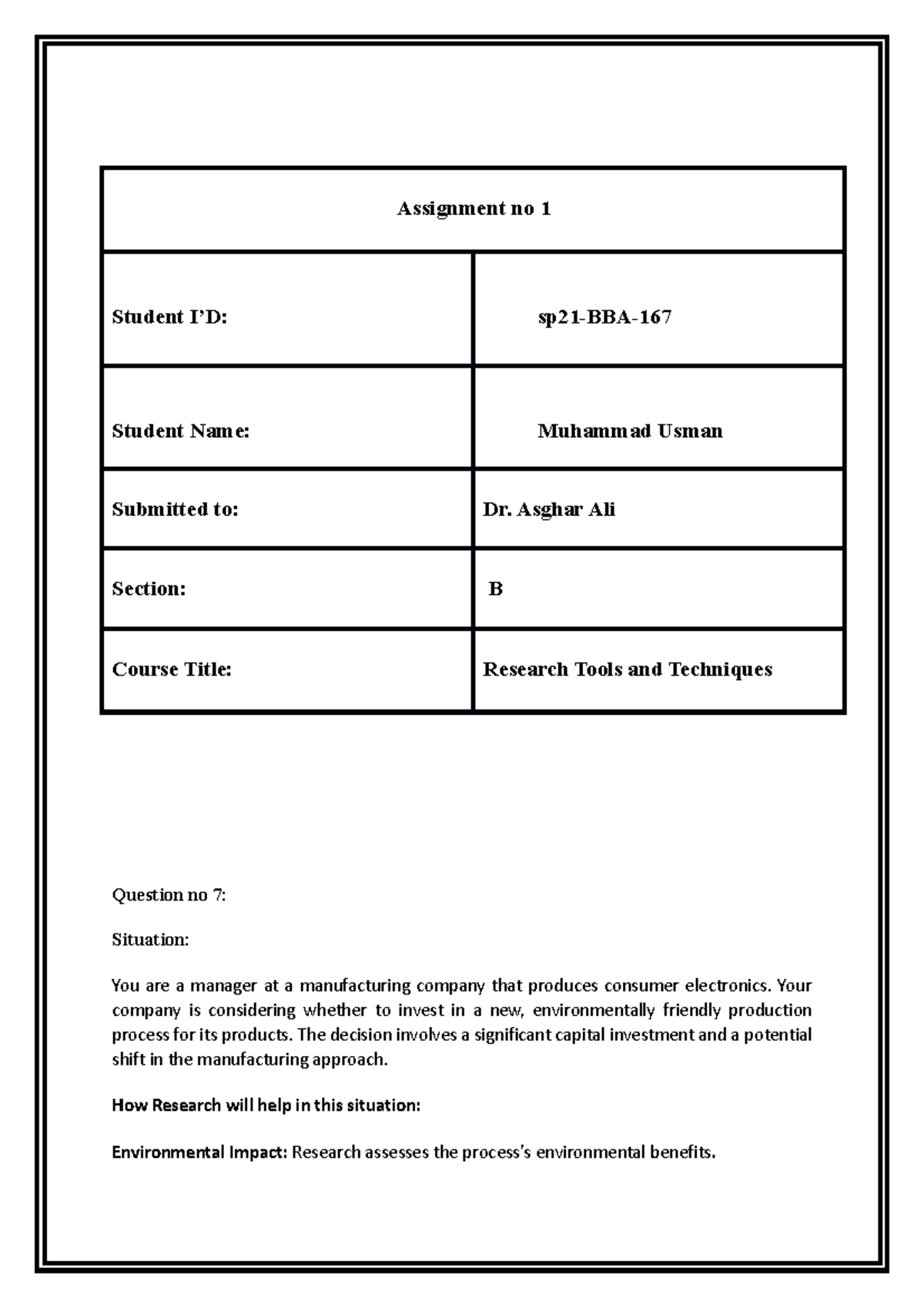 Assignment No 1 - Assignment no 1 Student I’D: sp21-BBA- Student Name: Muhammad Usman Submitted ...
