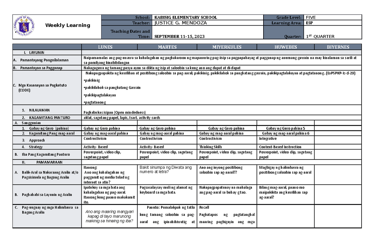 DLL ESP-5 Q1 W3 - esp daily lesson log - Weekly Learning Plan School: KABISIG ELEMENTARY SCHOOL ...
