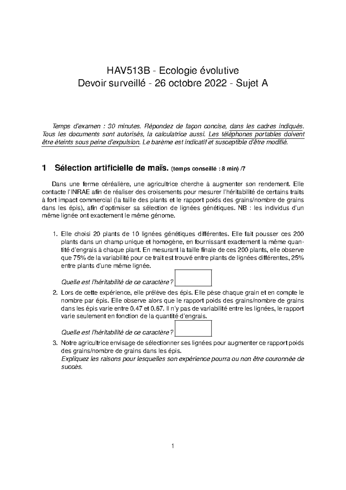 DS1-Sujet A - annale du cc1 - HAV513B - Ecologie évolutive Devoir surveillé - 26 octobre 2022 ...