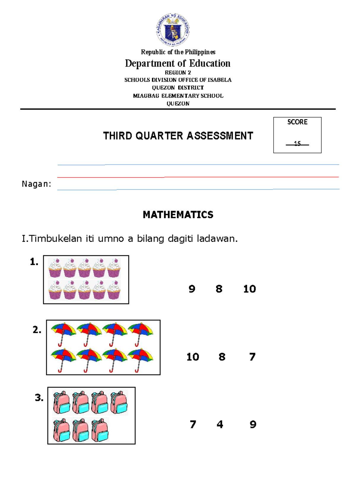 Third Quarter Assesment TEST Kinder - ####### Republic of the ...