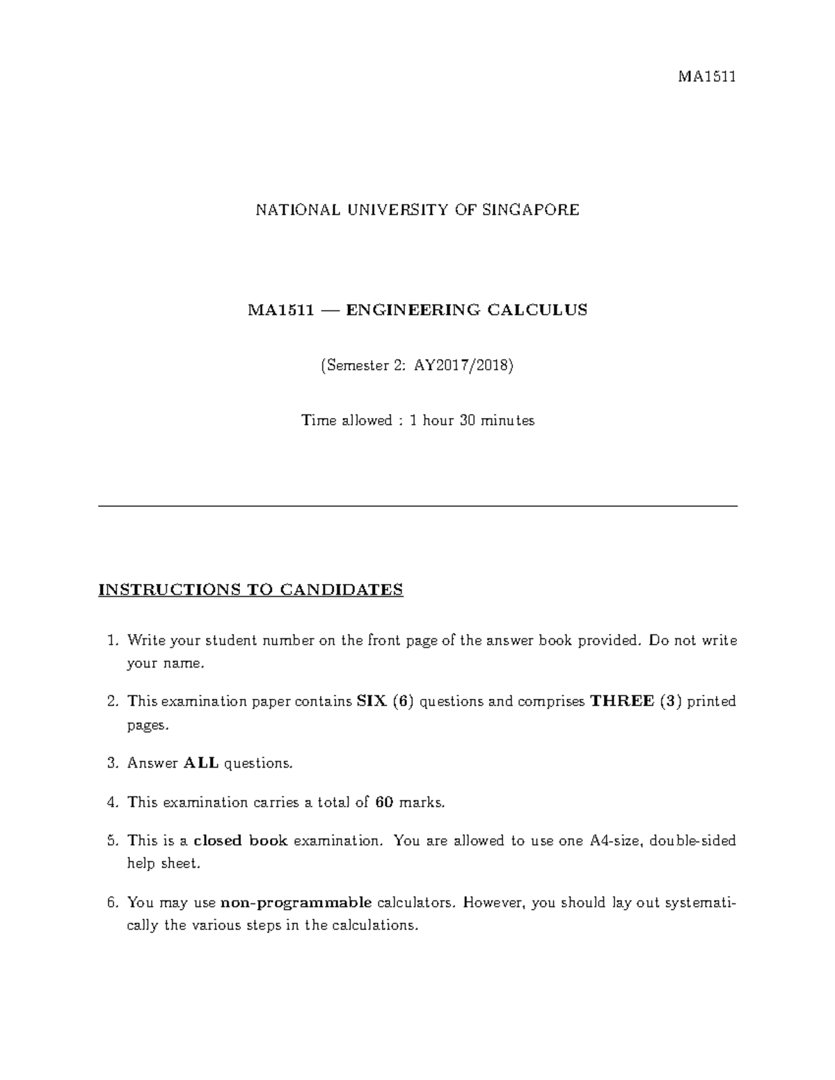 ATM124073 1718SEM2-MA1511 - MA NATIONAL UNIVERSITY OF SINGAPORE MA1511 — ENGINEERING CALCULUS ...