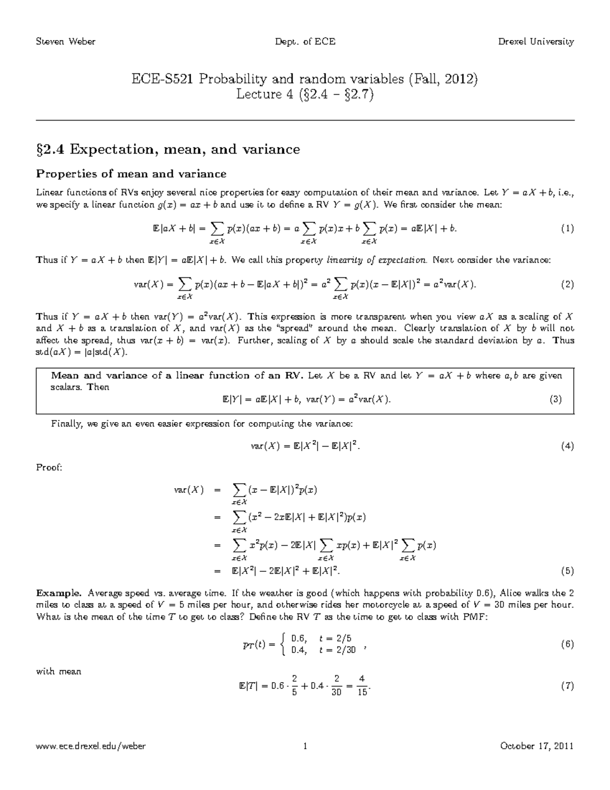Lecture 4 - lecutre 4 - ECE-S521 Probability and random variables (Fall, 2012) Lecture 4 (§2 ...