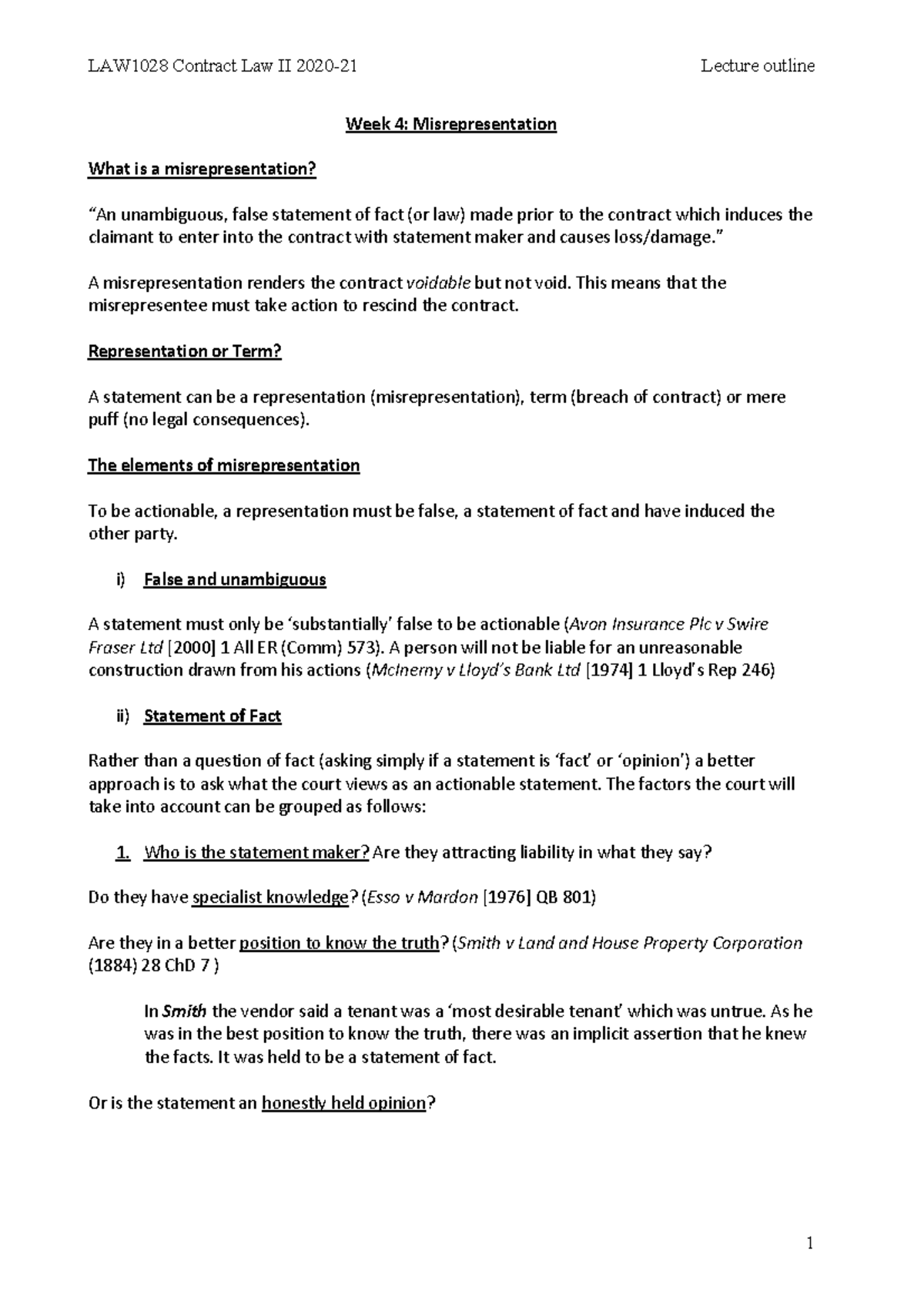 4 Misrepresentation Lecture Outline Week 4 Mis Representation What Is A Misrepresentation