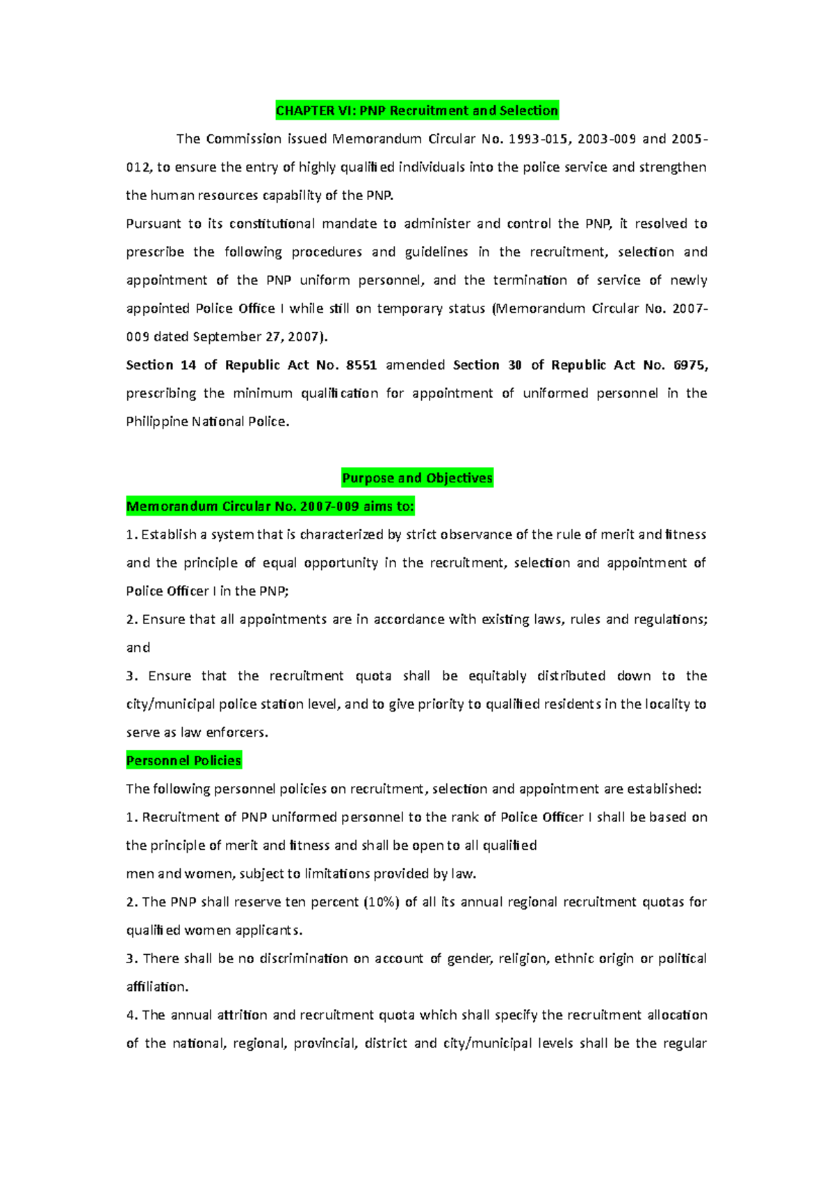 Chapter VI PNP Recruitment and Selection - CHAPTER VI: PNP Recruitment ...
