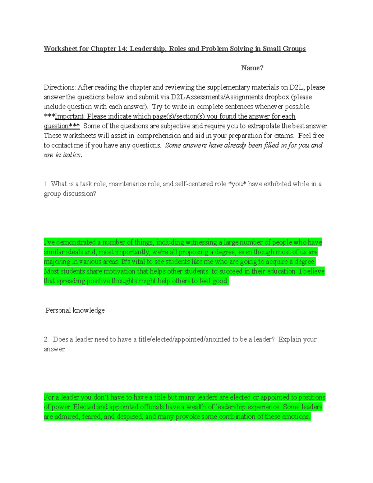 1 Worksheet for Chapter 14 - Worksheet for Chapter 14: Leadership ...