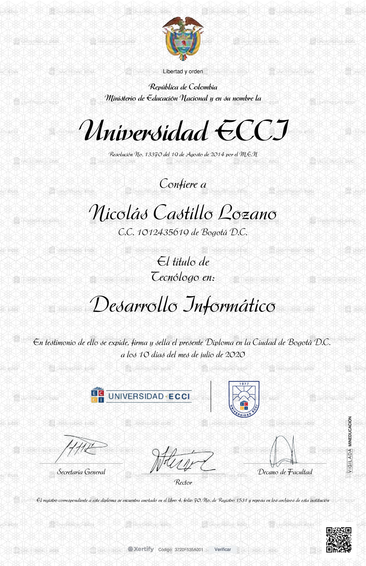 CERT Estudios 1012435619 - class="medium">qr_xertify_120_ República de ...